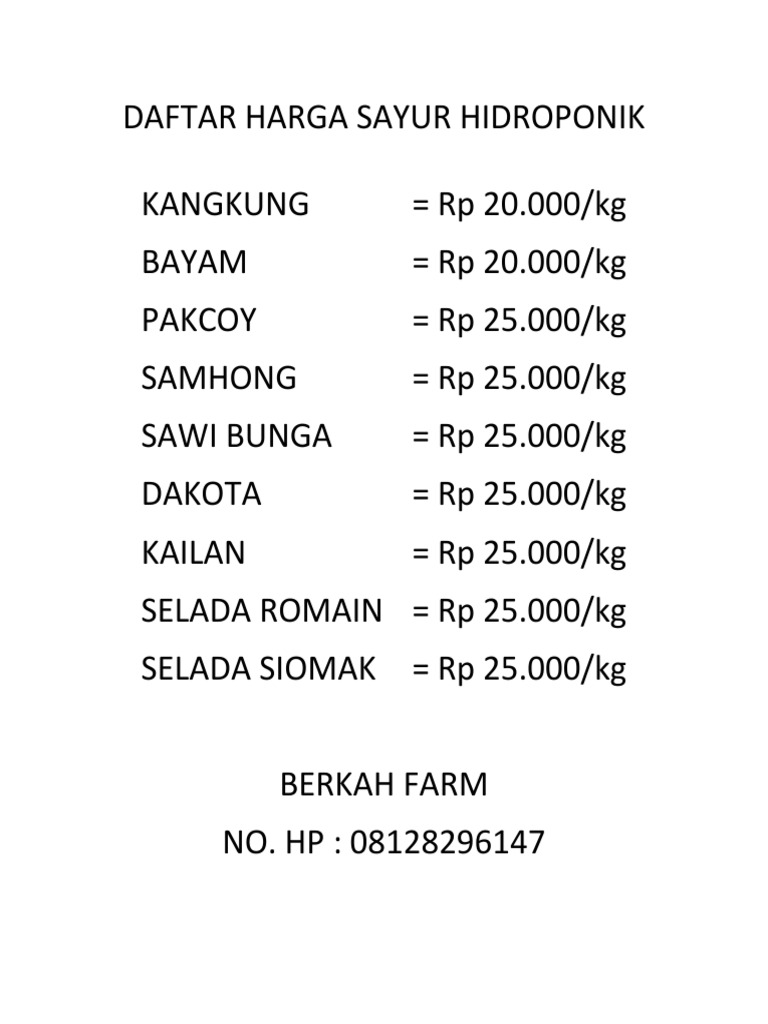 Daftar Harga Sayur Hidroponik | PDF | Memasak, Makanan, & Anggur