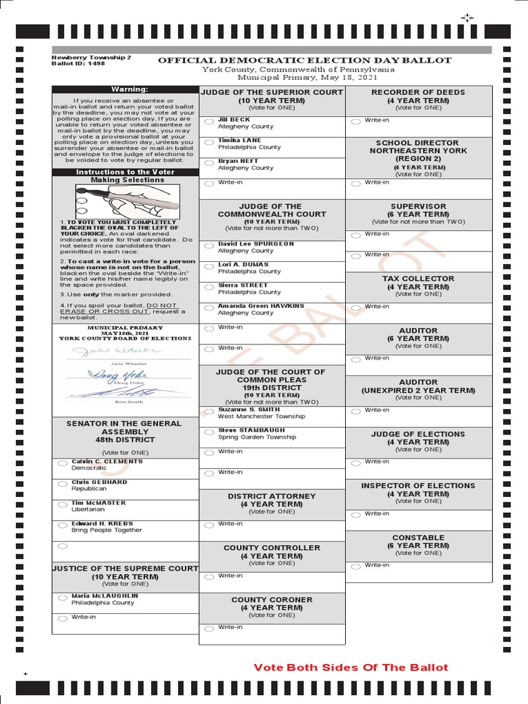 Sample Ballot: Official Democratic Election Day Ballot | PDF | Absentee ...