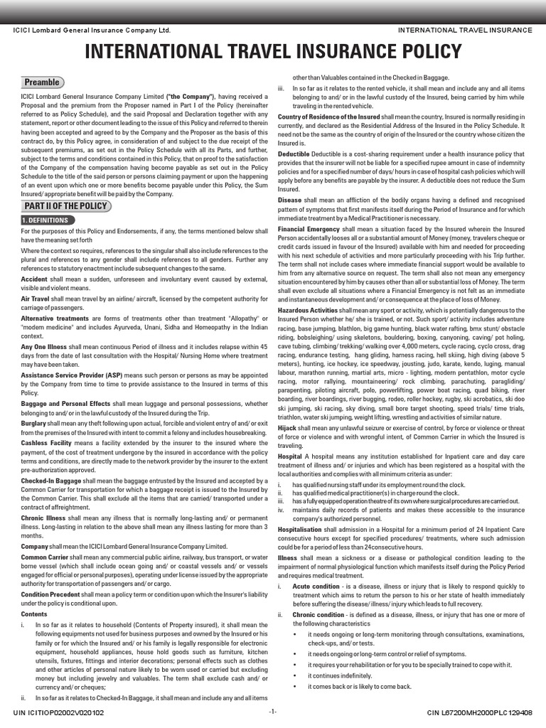 International Travel Insurance Policy: Preamble | PDF | Insurance ...