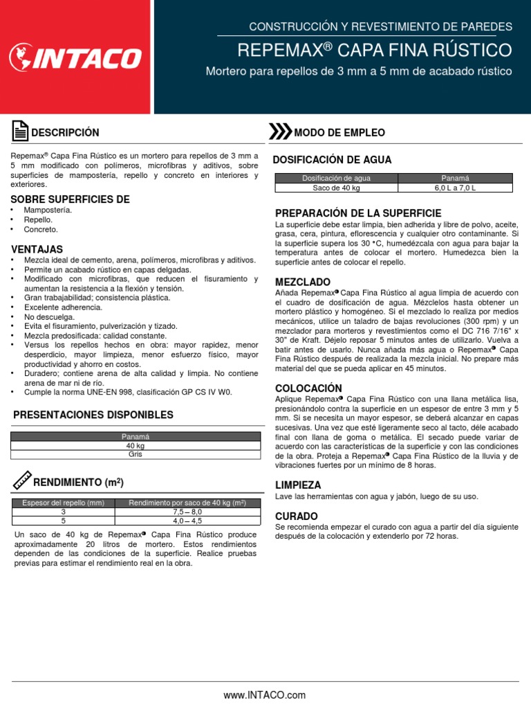 Ficha Tecnica Repemax Capa Fina y Rustica (Intaco) - 1 | PDF | Hormigón ...