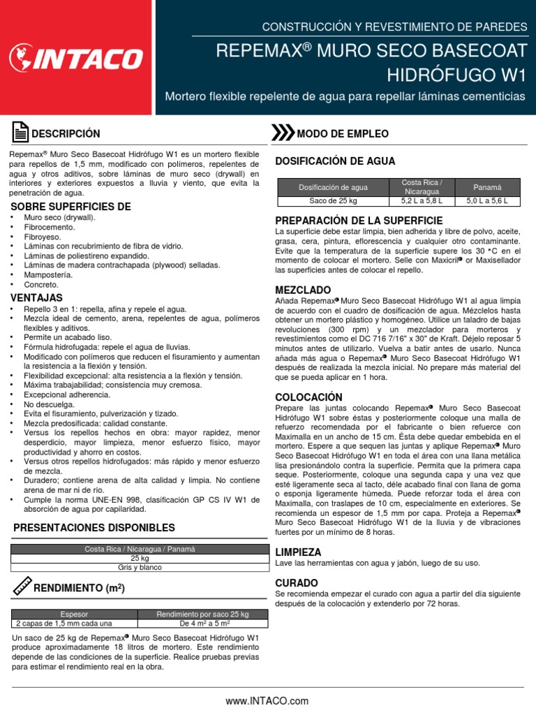 Ficha Tecnica Repemax Hidrofugo W (Intaco) - 1 | PDF | Pintar | Agua
