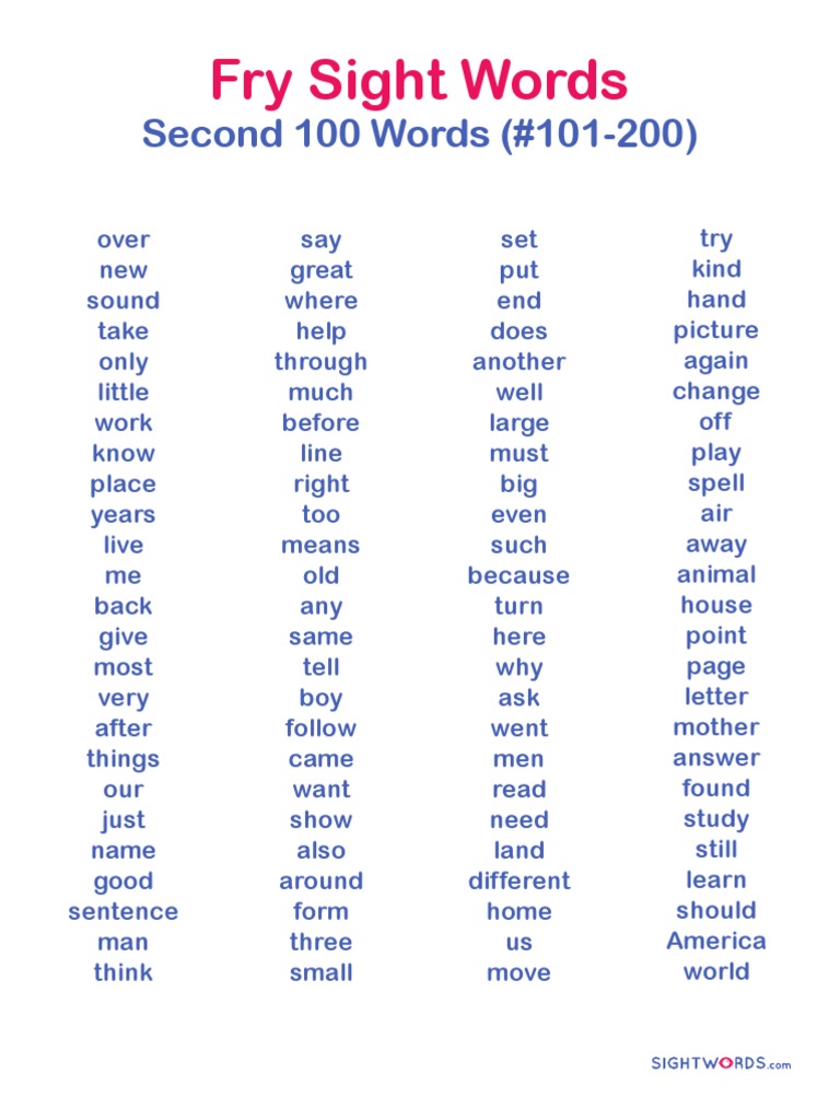 Fry 2nd 100 Sight Words List | PDF