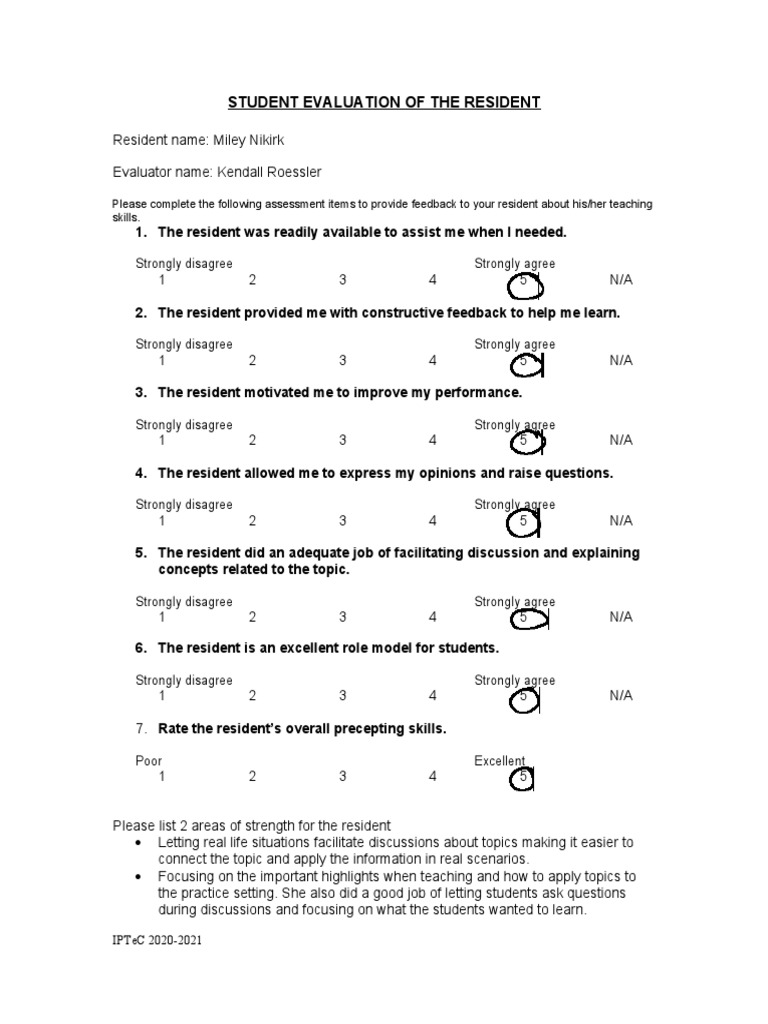 Student Eval of Resident 2019 | PDF | Educational Assessment | Pedagogy