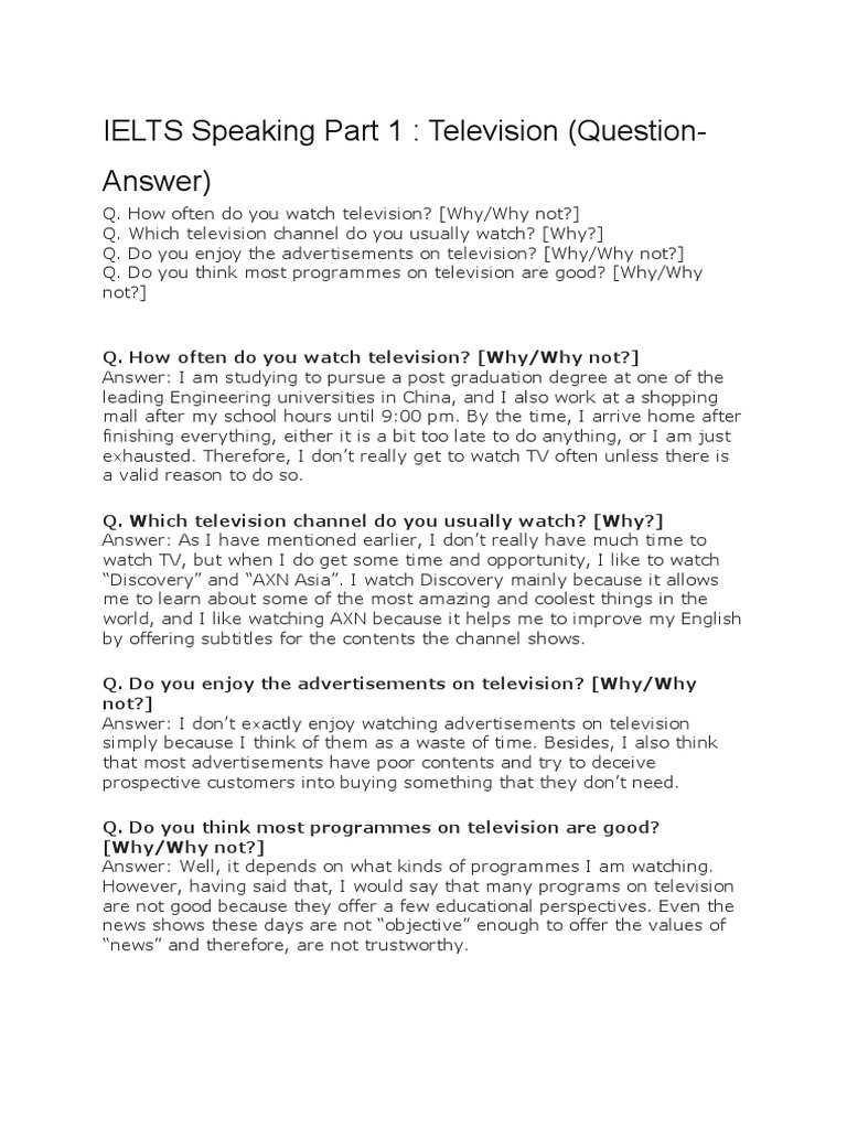 IELTS Speaking Part 1: Television (Question-Answer) : Q. How Often Do ...