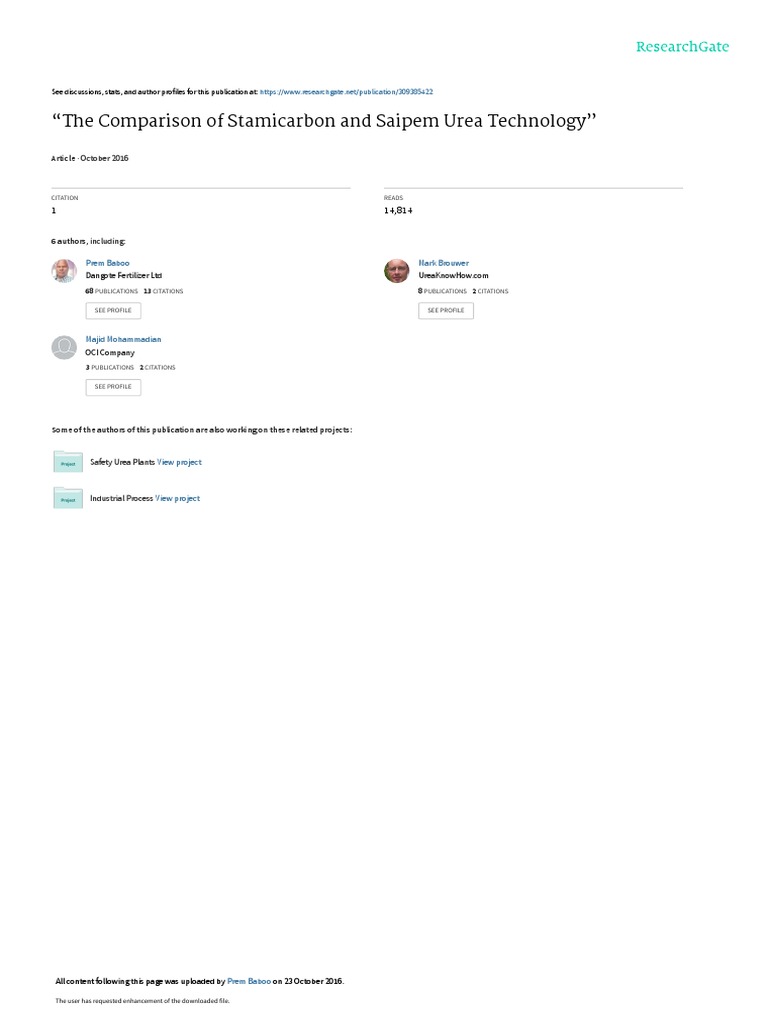 "The Comparison of Stamicarbon and Saipem Urea Technology": October ...