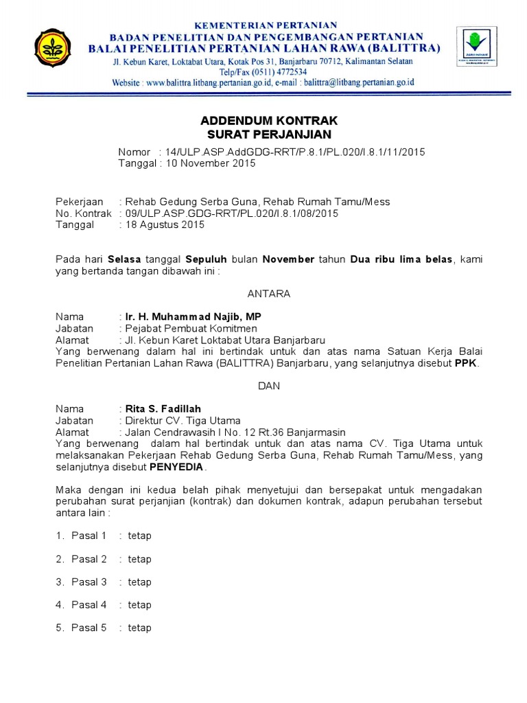 Addendum Kontrak Rehab Gedung Balittra | PDF | Bisnis | Griya & Taman