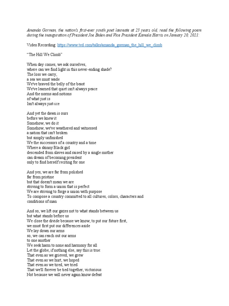 The Hill We Climb Amanda Gorman | PDF