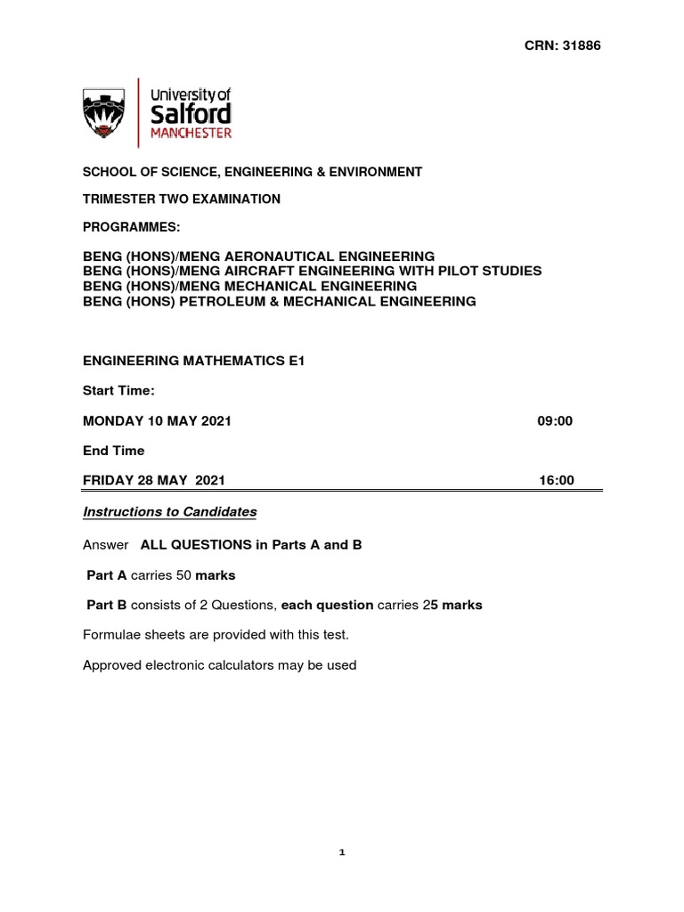 MASTER Engineering Mathematics E1 Exam | PDF | Area | Trigonometric ...