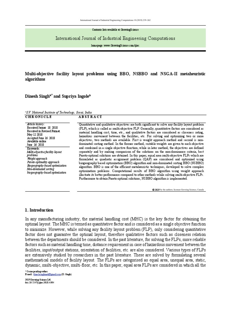 Multi Objective Facility Layout Problems Using Bbo Nsbbo And Nsga Ii Metaheuristic Pdf