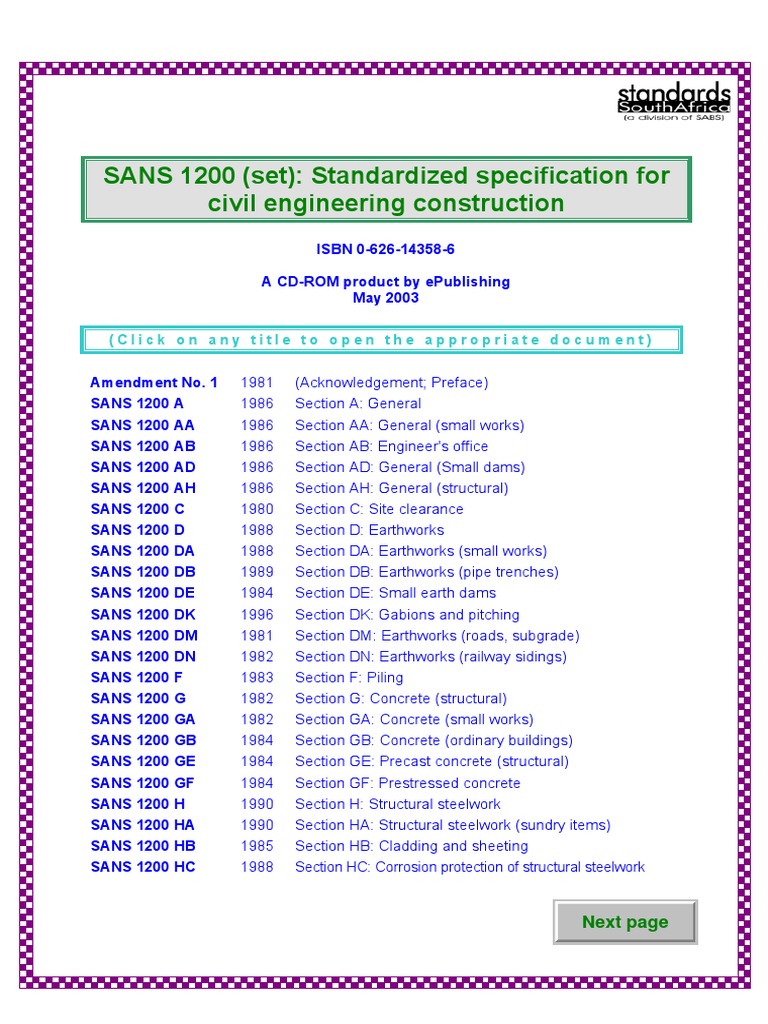 SANS 1200 (Set) : Standardized Specification For Civil Engineering ...