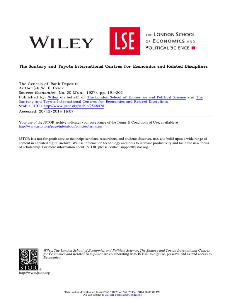 The Genesis of Bank Deposits (W. F. Crick) | PDF | Banks | Loans