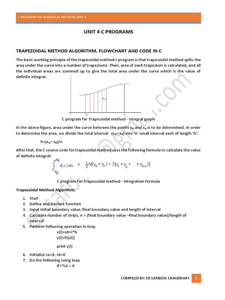 Unit 4 C Programs: Trapezoidal Method Algorithm, Flowchart and Code in ...
