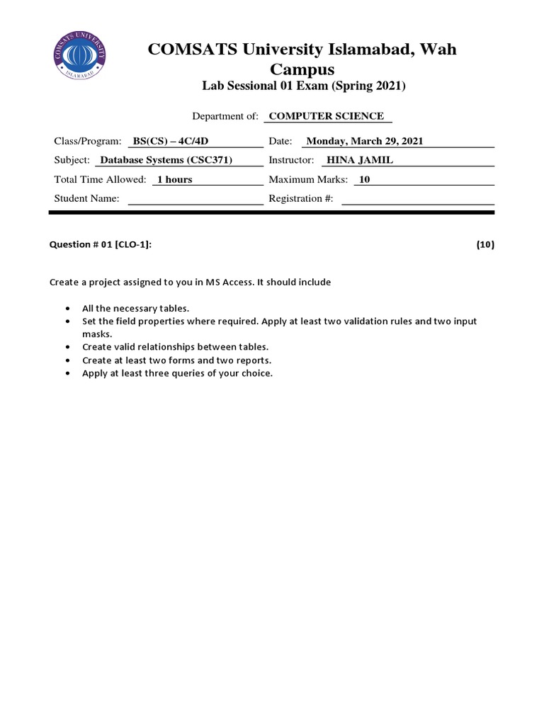COMSATS University Islamabad, Wah Campus: Lab Sessional 01 Exam (Spring 2021) | PDF | Teaching ...
