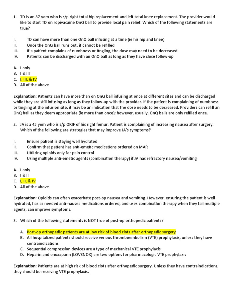 Post-Op Ortho Practice Questions | PDF | Clinical Medicine | Medical ...