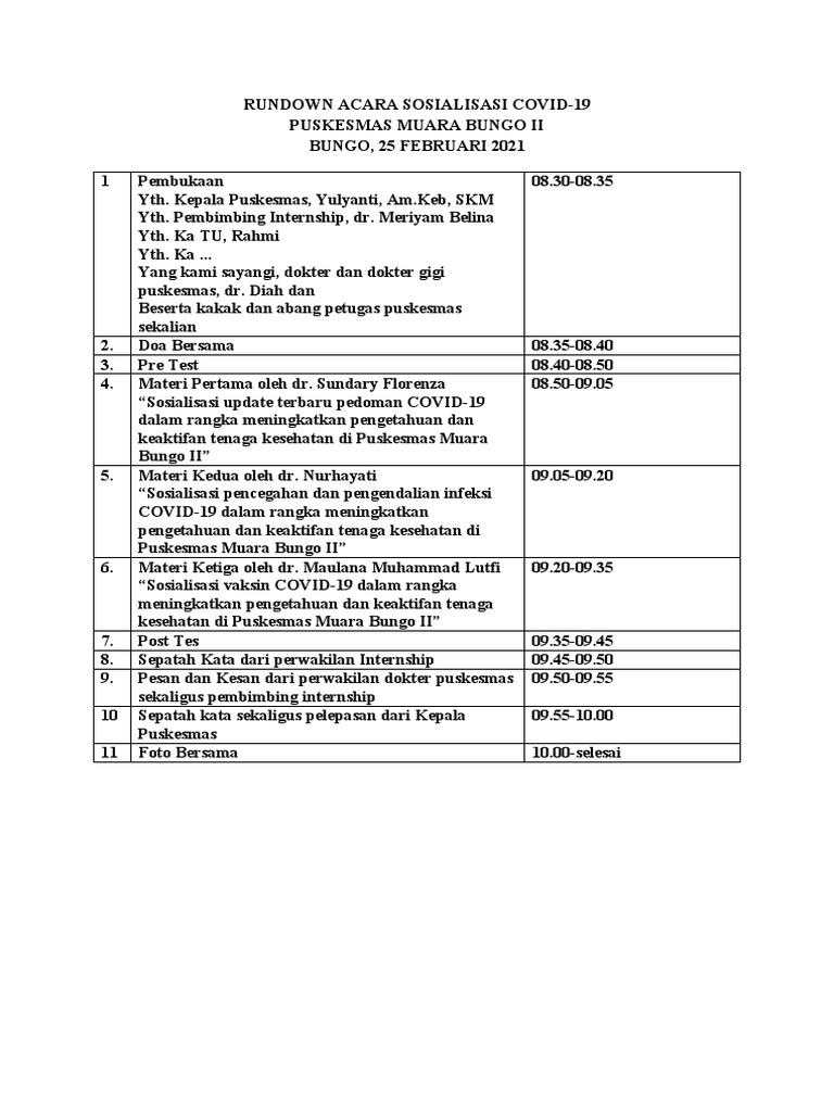 Rundown Acara Sosialisasi Covid | PDF