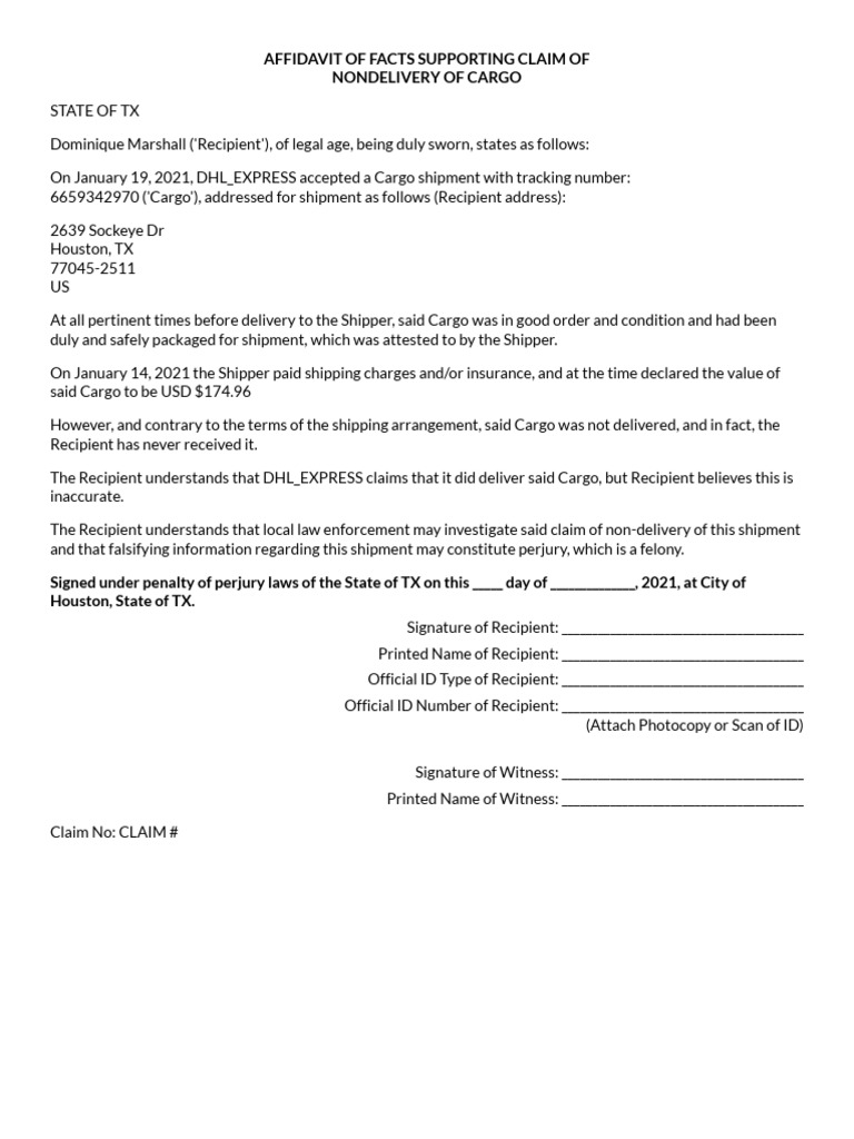 Missing Package Affidavit | PDF