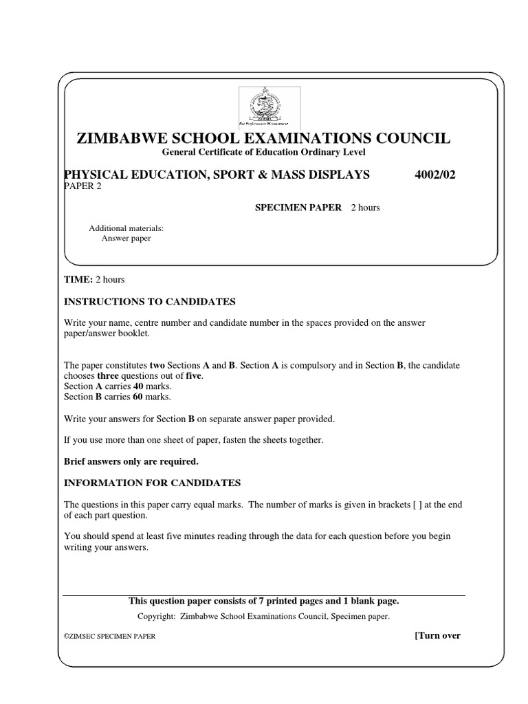 Zimbabwe School Examinations Council: Physical Education, Sport & Mass ...