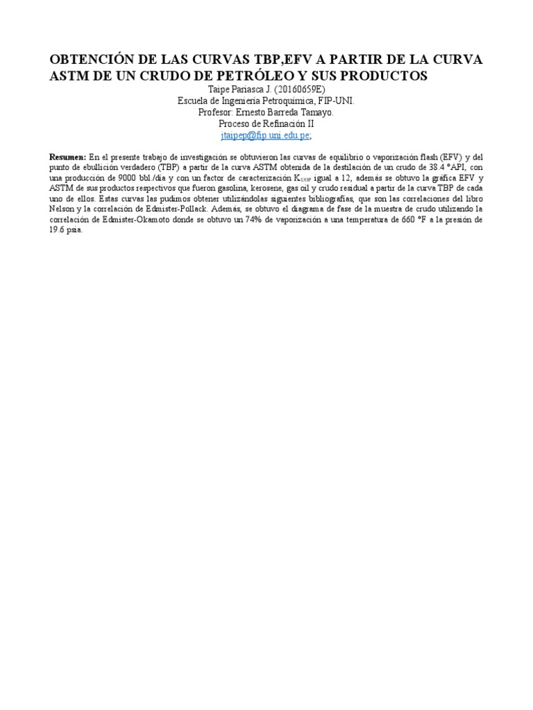 Curva Astm Efv TBP Taipeee | PDF | Destilación | Ingeniería de Procesos ...