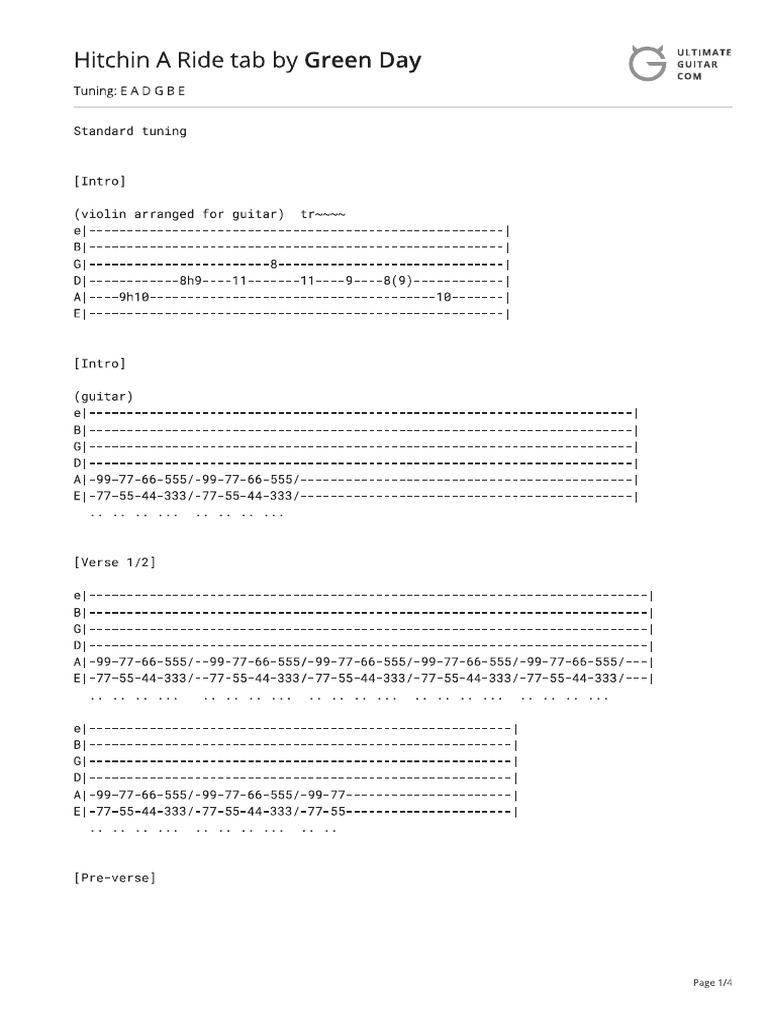 Hitchin A Ride Tab (Ver 4) by Green Daytabs at Ultimate Guitar Archive ...
