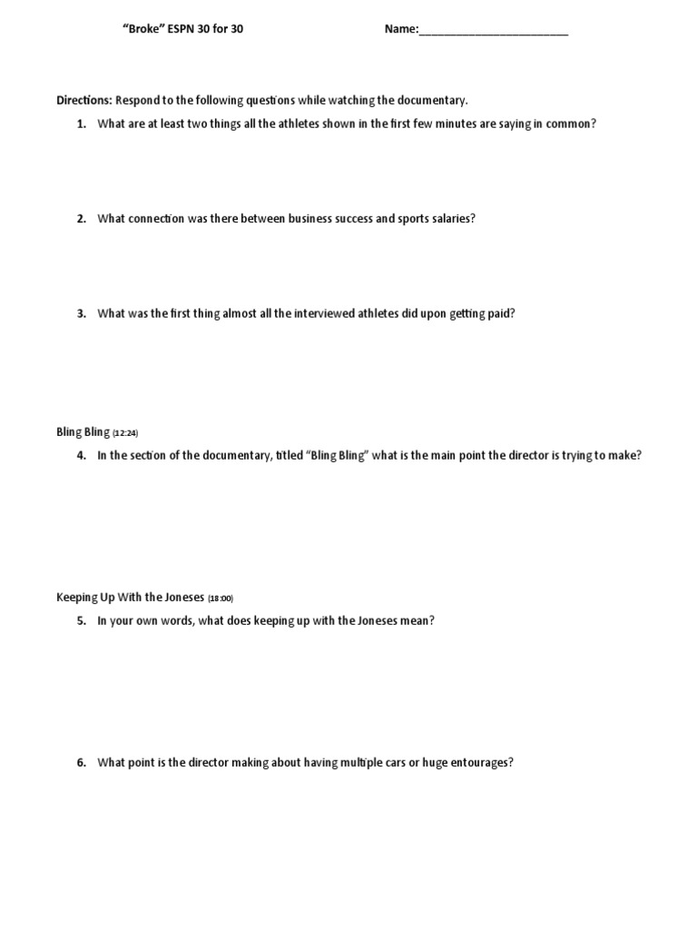 ESPN 30 For 30 Broke Guided Viewing Questions | PDF