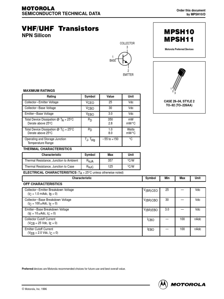 MPSH10 11 (VHF UHF Transistor) | PDF | Transistor | Bipolar Junction ...