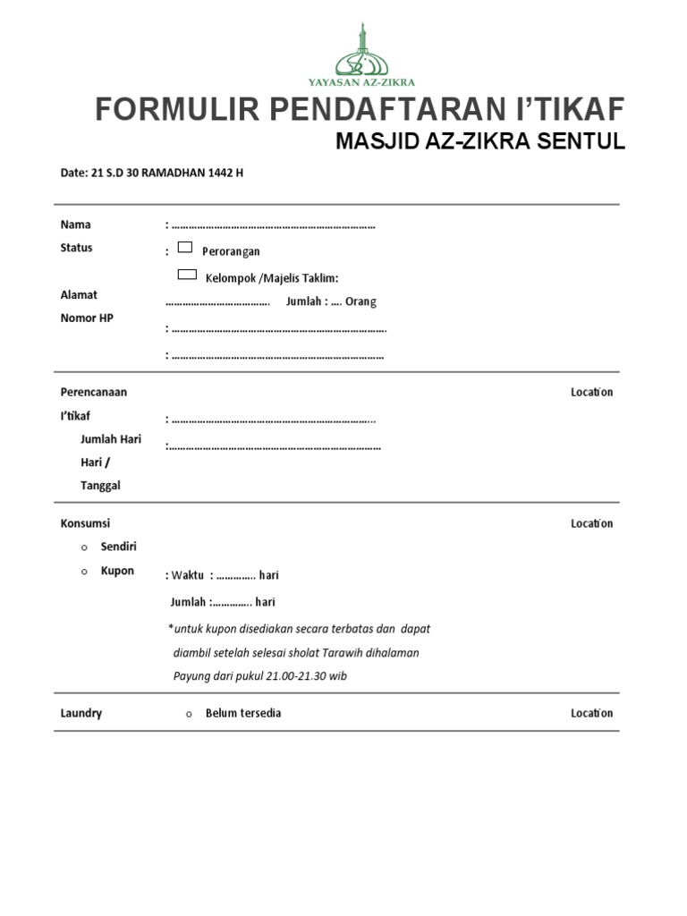 Formulir Pendaftaran I'tikaf | PDF