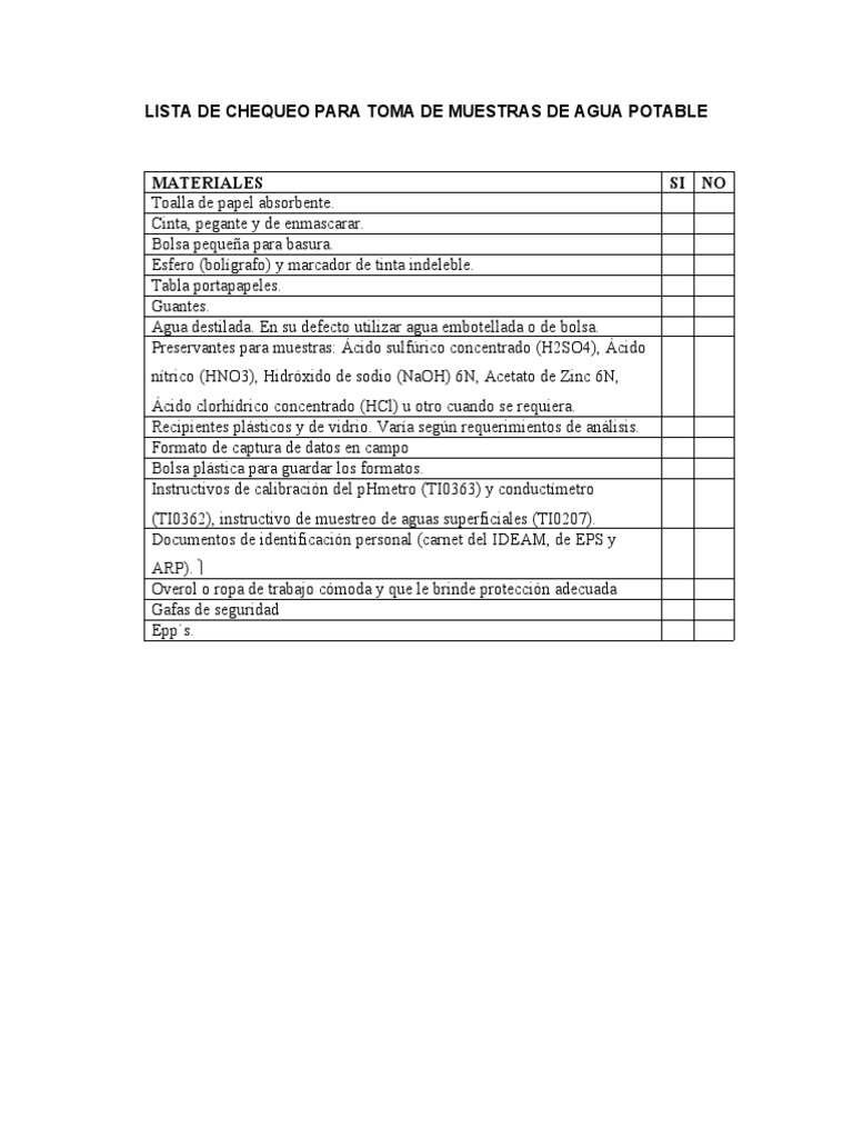 Lista de Chequeo para La Toma de Muestras de Agua Superficial | PDF