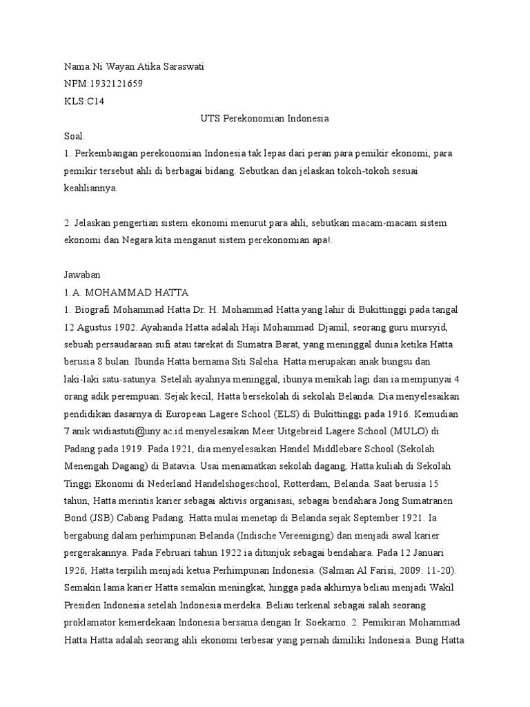 UTS Perekonomian Indonesia Atika Saraswati 2 | PDF