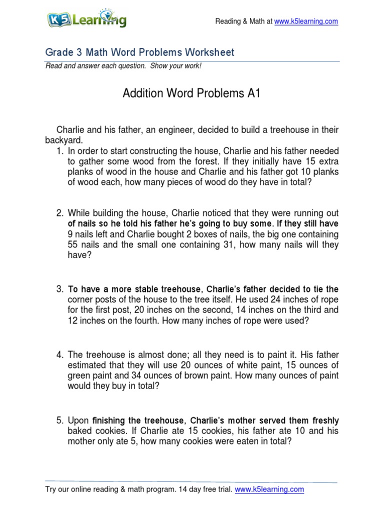 Grade 3 Addition Word Problems A1 | PDF