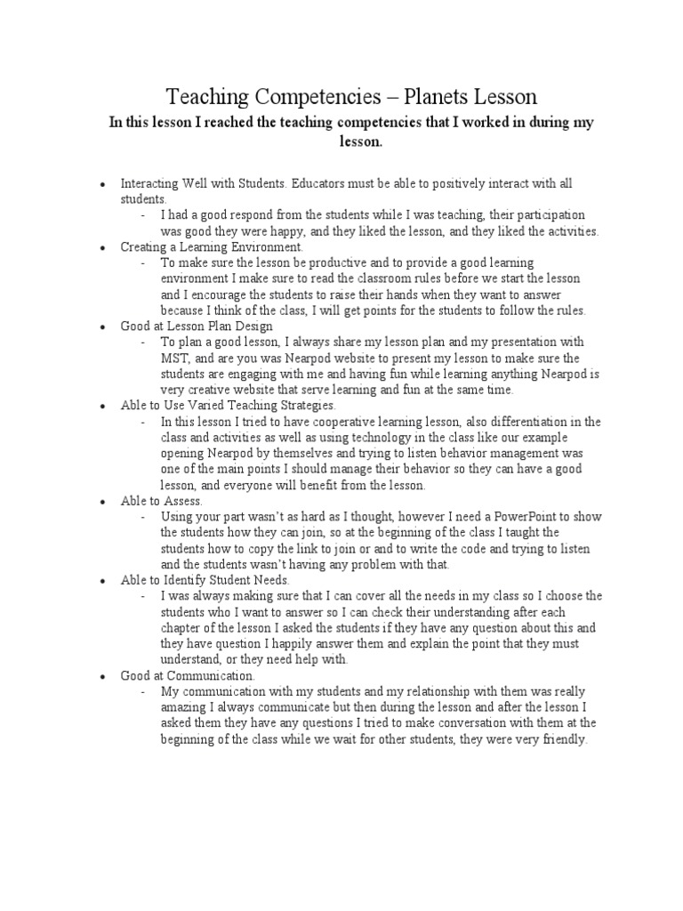 Teaching Competencies - Planets Lesson | PDF | Lesson Plan | Teaching