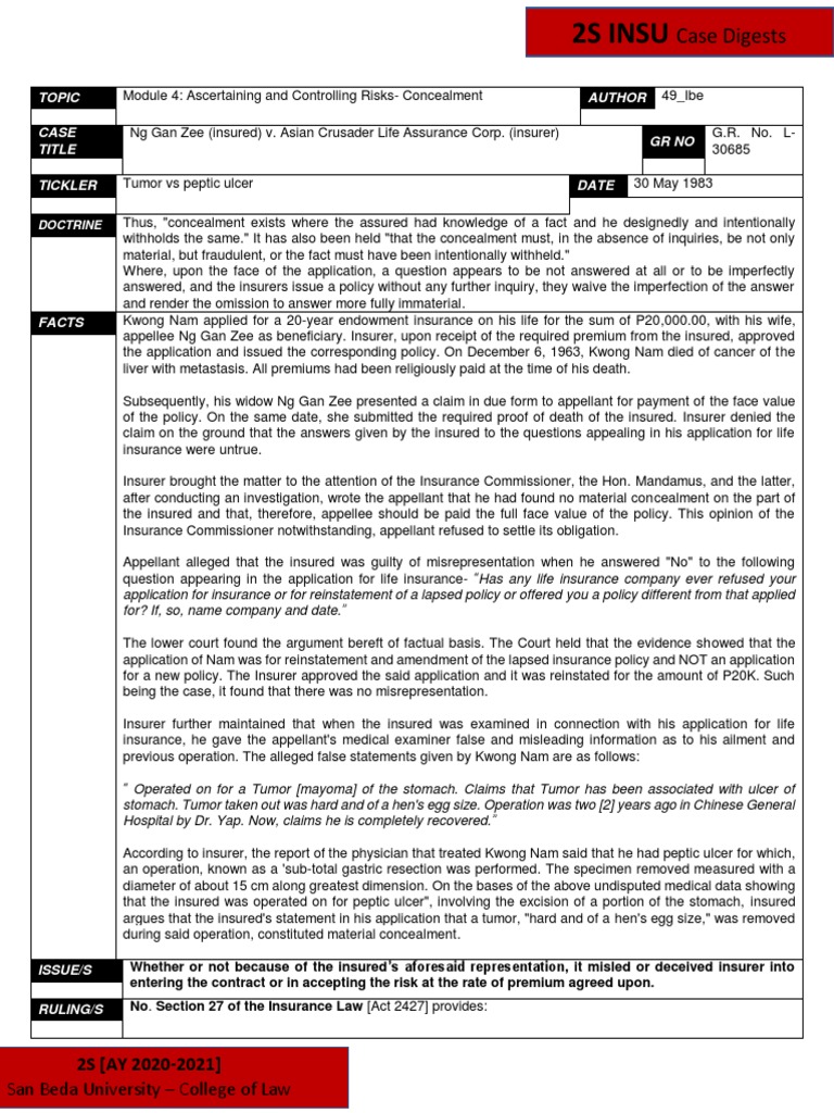 INSU - NG Gan Zee - Vs - Asian Crusader | PDF | Insurance | Life Insurance
