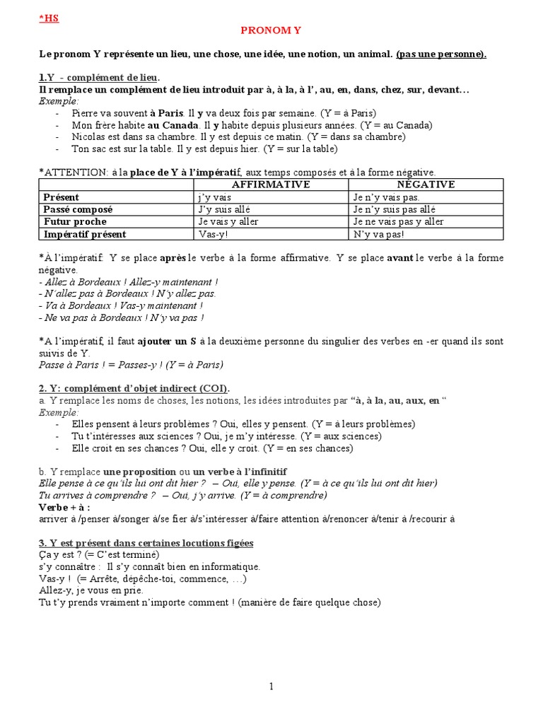 Pronom y P1 HS | PDF | Complément d'objet | Verbe