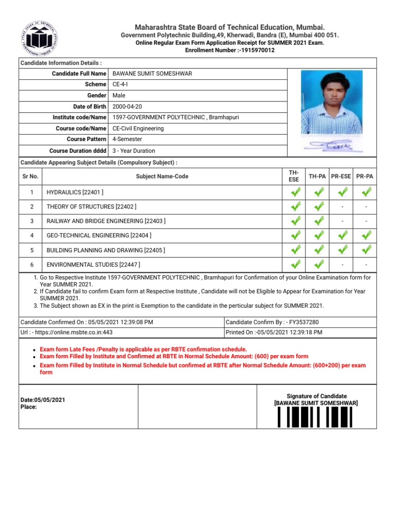 Exam Form Application of Candidate For | PDF
