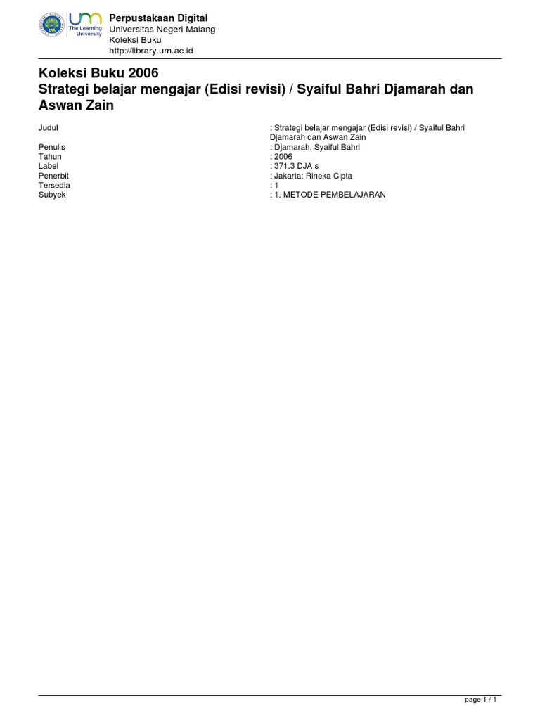 Koleksi Buku 2006 Strategi Belajar Mengajar (Edisi Revisi) / Syaiful Bahri Djamarah Dan Aswan ...