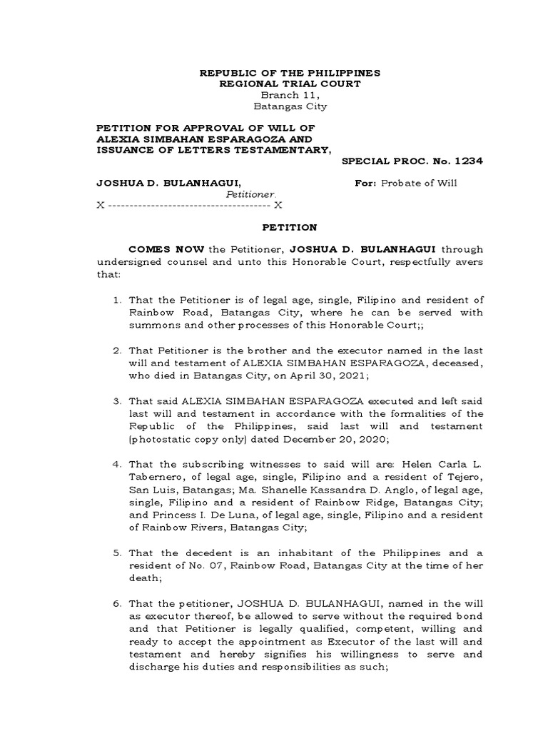 Petition For The Probate of Will and The Issuance of Letters ...