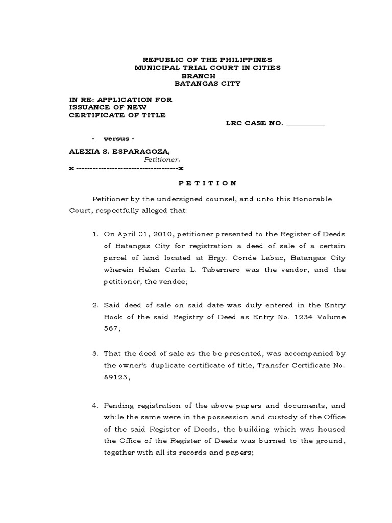 .Petition For Issuance of New Certifficate Title | PDF | Affidavit | Judiciaries