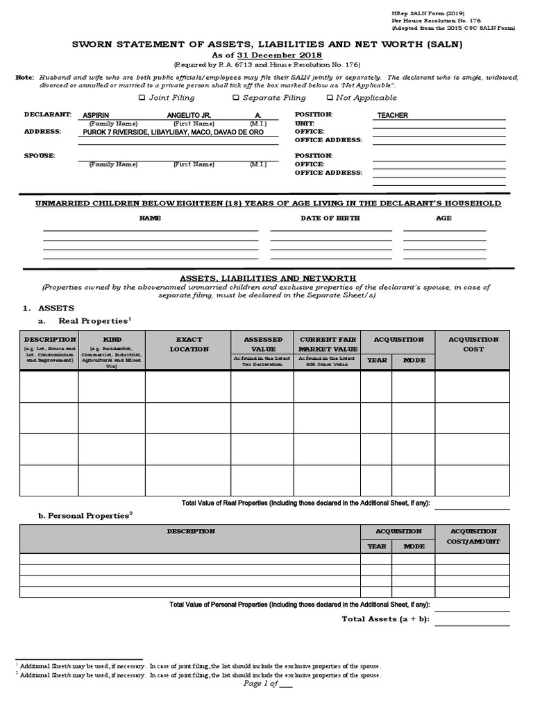 Sworn Statement of Assets, Liabilities and Net Worth (Saln) : Joint ...
