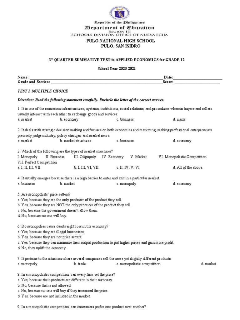 3rdQ-Summative Exam-Applied Econ | PDF | Price Elasticity Of Demand | Demand
