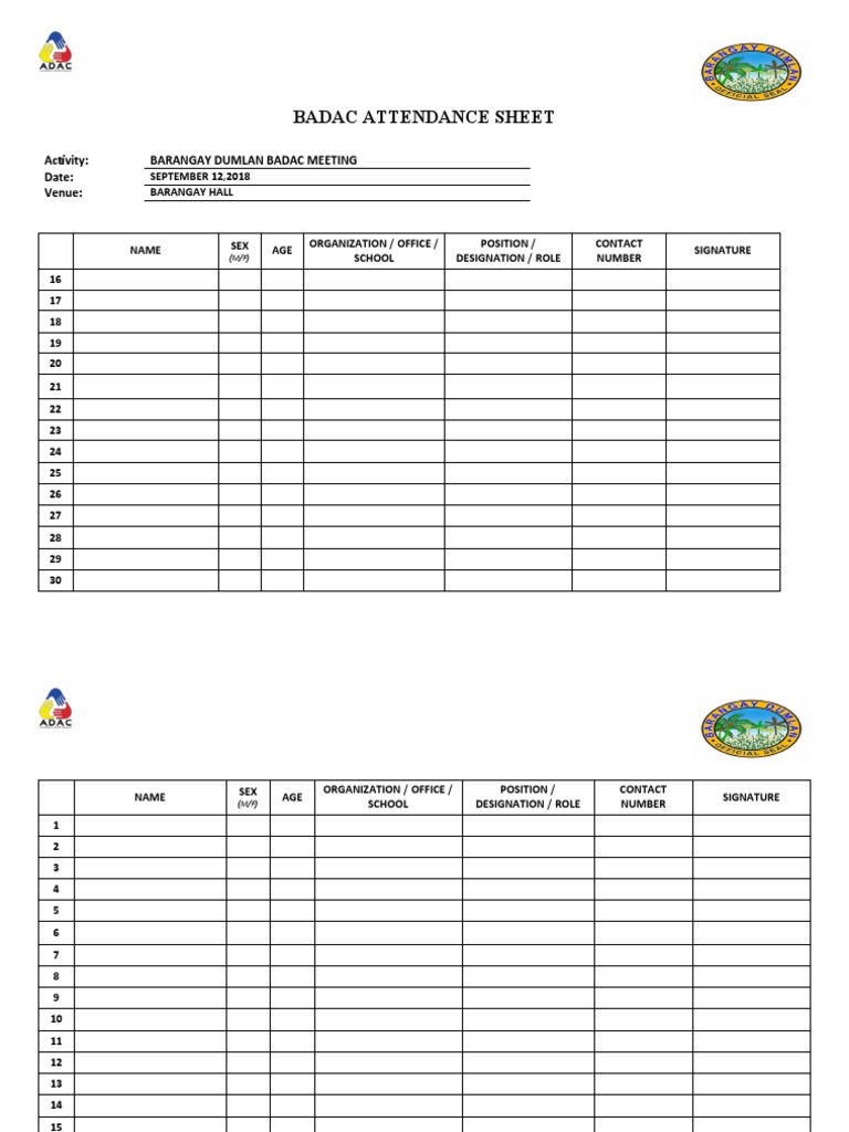 BADAC TEMPLATE - Attendance Sheet | PDF