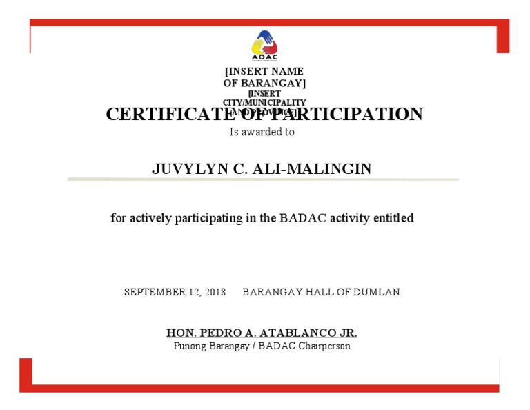BADAC TEMPLATE - Certificate of Participation | PDF