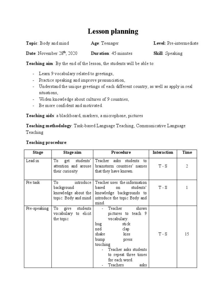 Lesson Planning: Stage Stage Aim Procedure Interaction Time | PDF ...