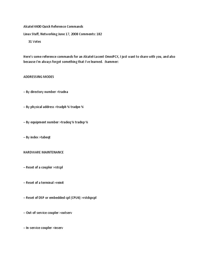 Alcatel 4400 Quick Reference Commands | PDF | Computer Network ...