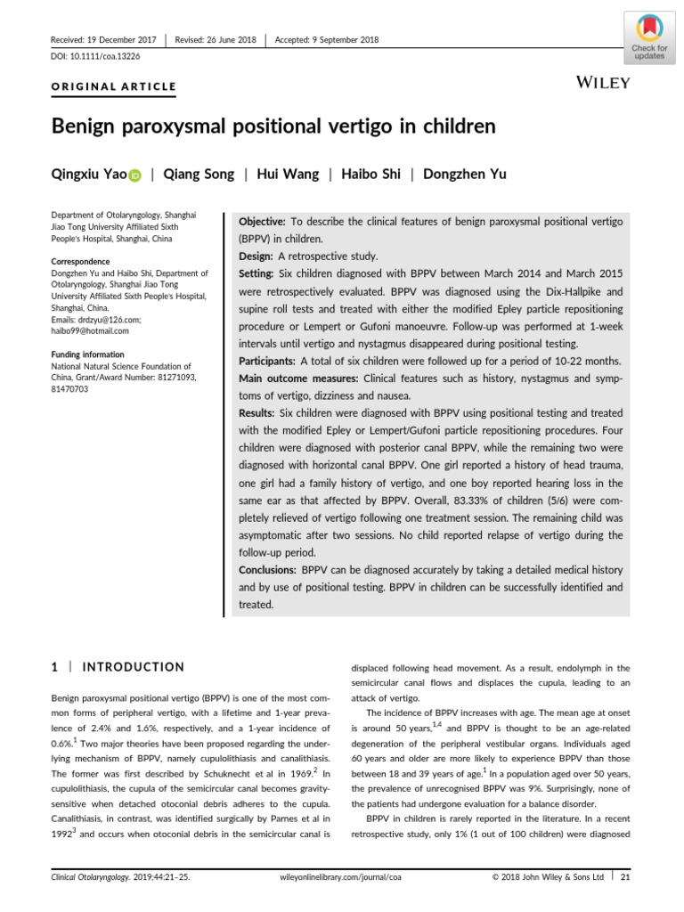 Benign Paroxysmal Positional Vertigo in Children | PDF | Vertigo ...