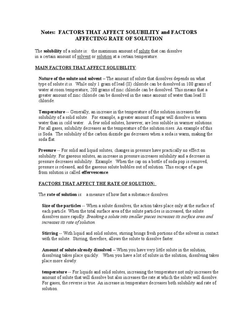Factors Affecting Solubility and Rate of Solution Notes | PDF ...