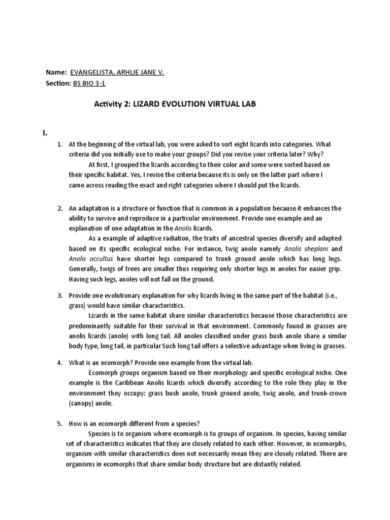Activity 2: Lizard Evolution Virtual Lab: Name: Evangelista, Arhlie ...