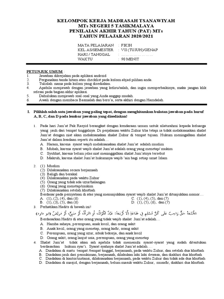 Soal Pat Fikih Kelas Vii Tahun Pelajaran 20202021 | PDF