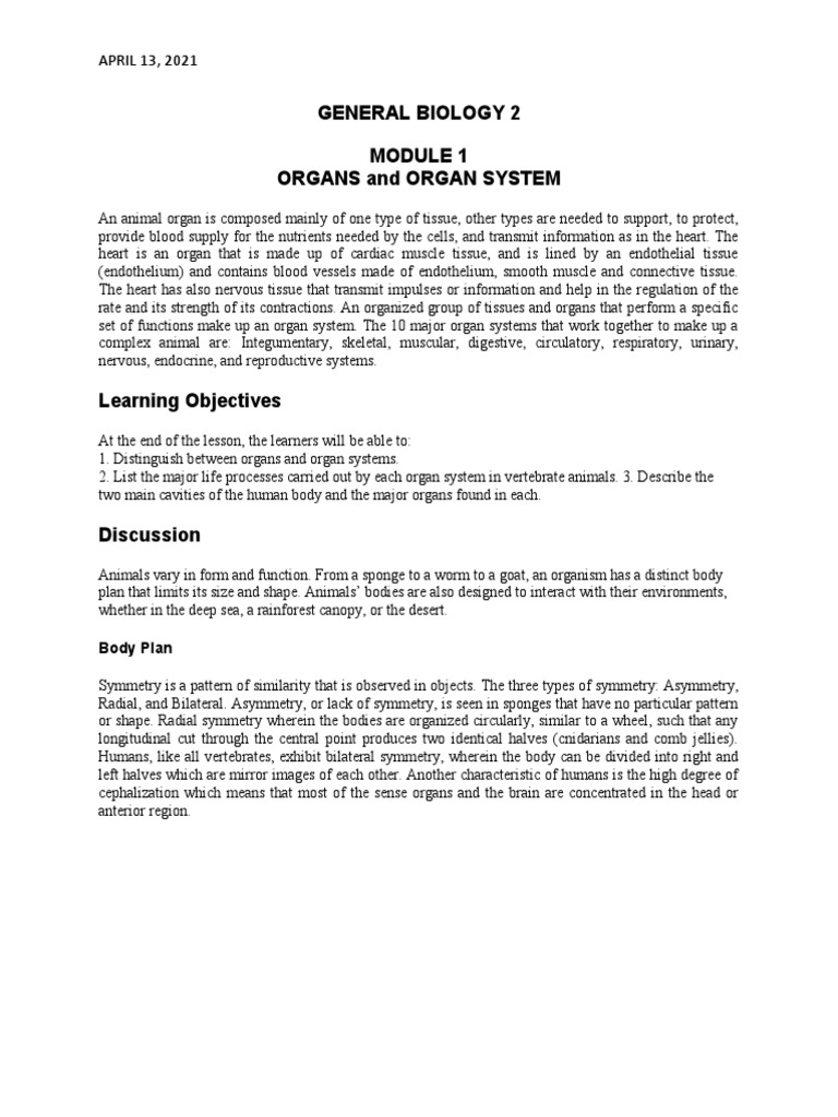 General Biology 2 Organs and Organ System: APRIL 13, 2021 | PDF | Human ...
