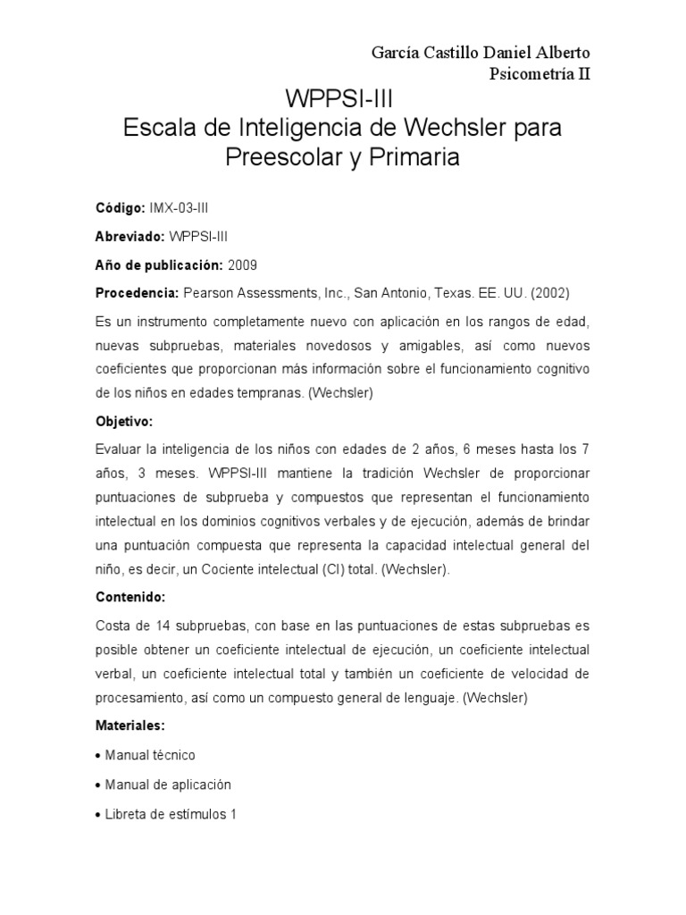Ficha Técnica - WPPSI-III | PDF | Cociente de inteligencia | Escala de ...
