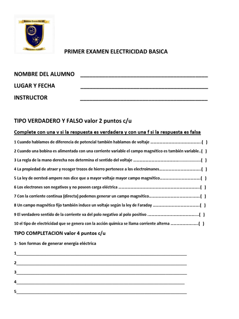 Primer Examen Electricidad Basica | PDF | Corriente eléctrica | voltaje