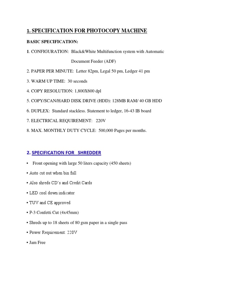 Specification Photocopy Machine | PDF